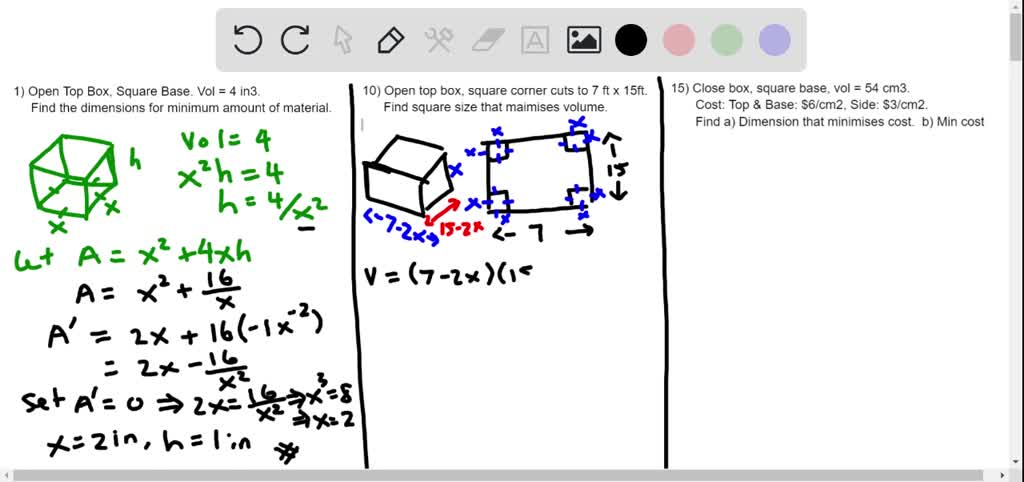 SOLVED: 1. The volume of a rectangular box (without lid) is 4. Determine the dimensions of a box ...