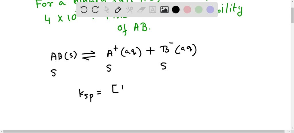 SOLVED: For a binary salt AB the Ksp is 4 x 10-10. Themolar solubility ...