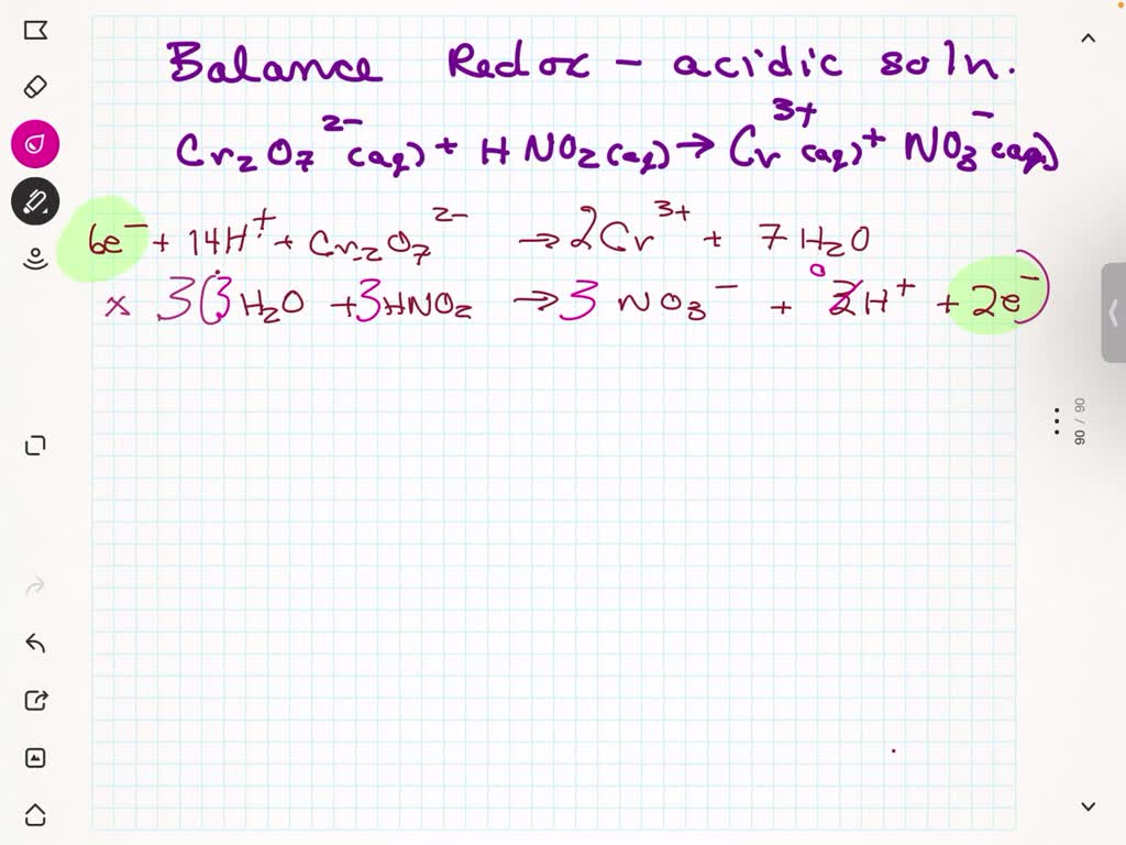 SOLVED: Balance the following redox reactions in acidic solution. (4) Cr2O72-(aq) + HNO2(aq) → ...
