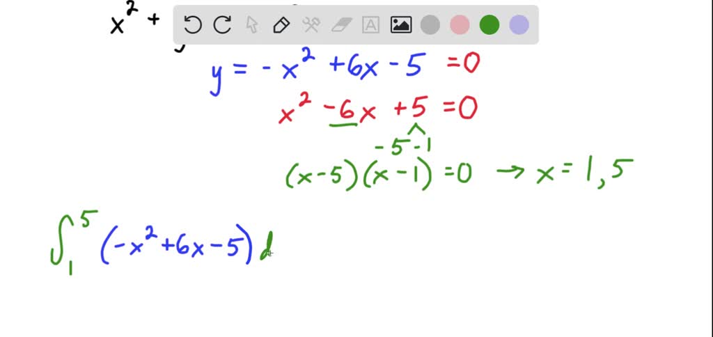 Find the area of the parabola x2 + y + 5 = 6x and the x-axis.
