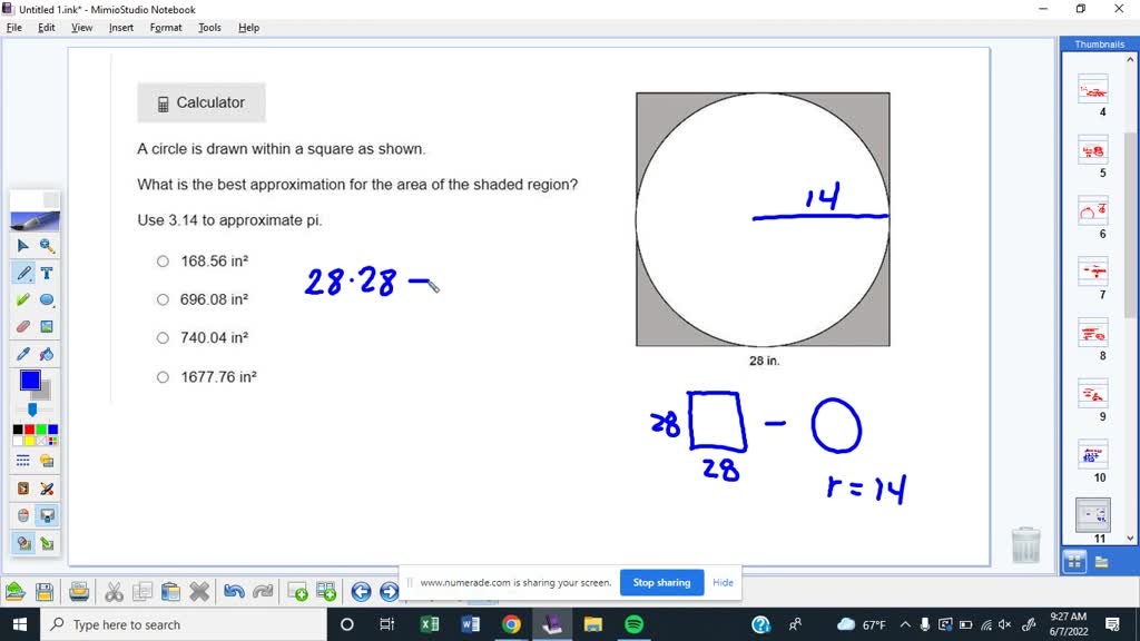 SOLVED: Calculator A circle is drawn within a square as shown: What is the best approximation ...