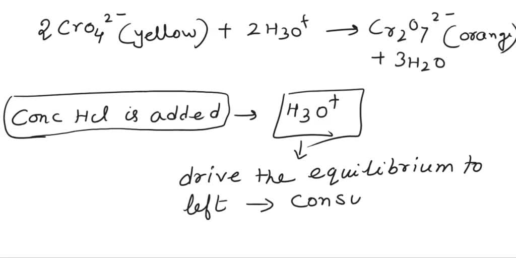 SOLVED: 2CrO4^2- (aq, yellow) + 2H3O+ (aq) –> Cr2O7^2- (aq, orange ...