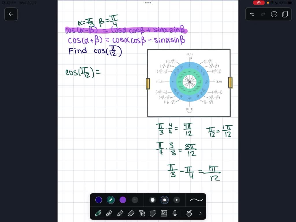 SOLVED: Using the sum and difference of cosines formula, find the exact value of cos((π)/(12 ...