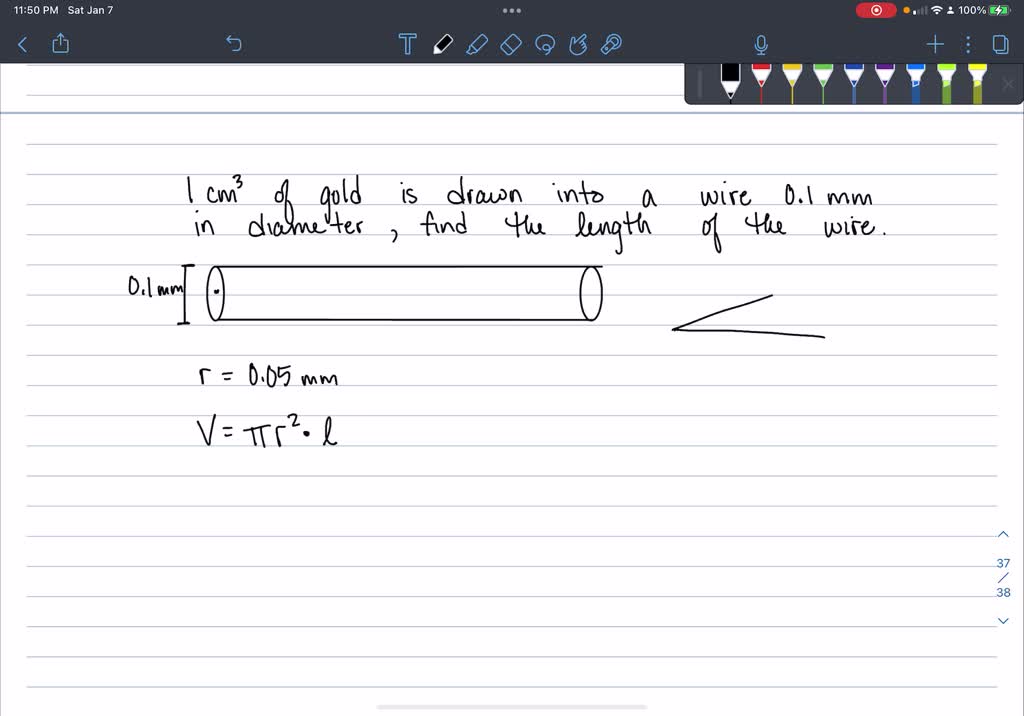 SOLVED: A cubic cm of gold is drawn into a wire 0.1 mm in diameter , Find the length of wire