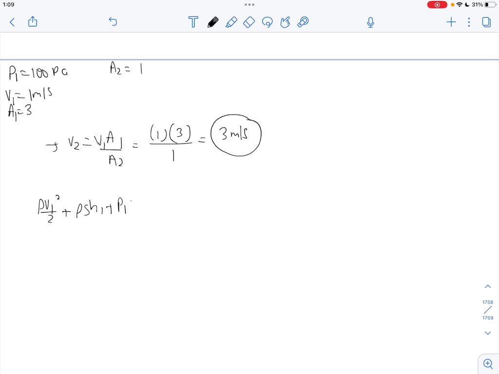 SOLVED: Water (ρ = 1000 kg/m3) flows from left to right in a pipe. On ...