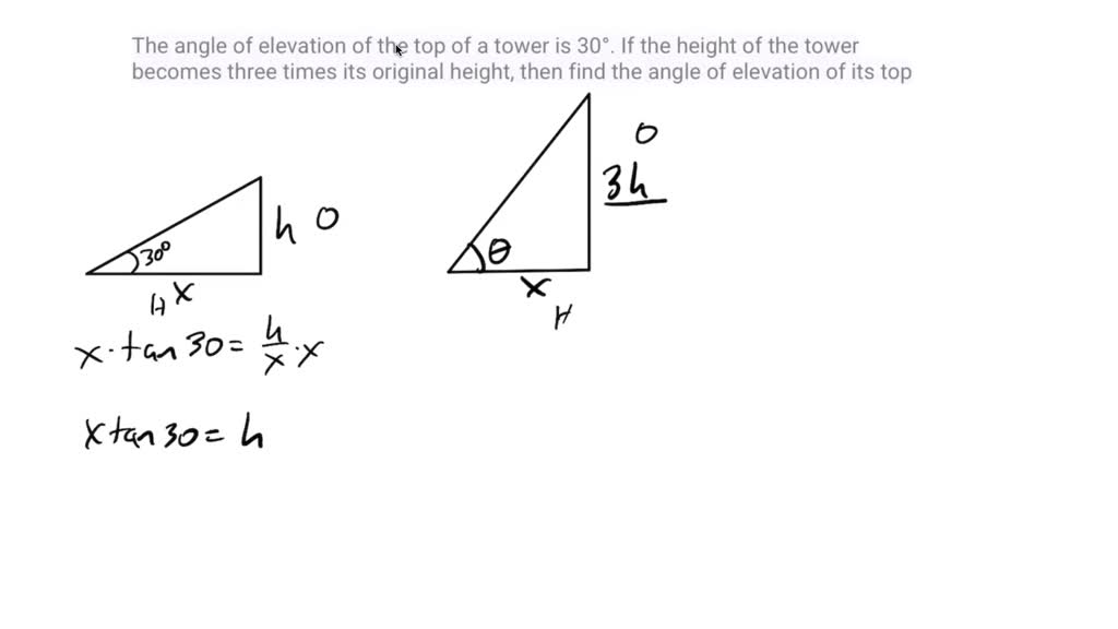 SOLVED: The angle of elevation of the top of a tower is 30°. If the ...
