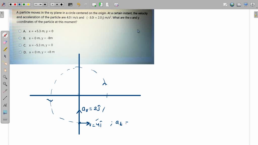 A particle moves in the xy plane in a circle centered on the origin: At a certain instant; the ...