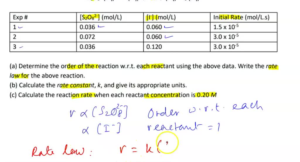 SOLVED: Consider the following reaction: S2O8^2-(aq) + I^-(aq) -> 2SO4^2-(aq) + I3^-(aq) Exp ...