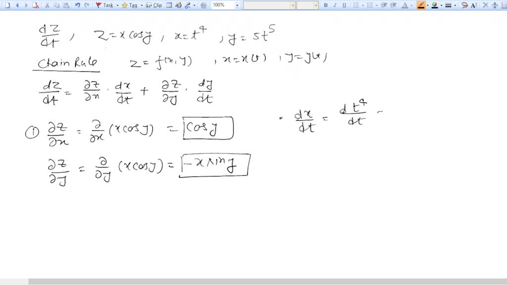 SOLVED: 15.4.9-Setup Solve Use the Chain Rule to find where z = 3x cos y, X=t4 , and y=5t5 . dt ...