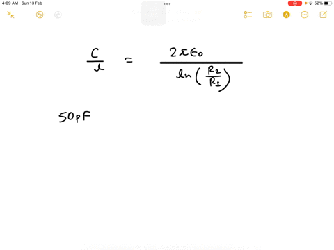 The capacitance per unit length of a coaxial cable, made of...