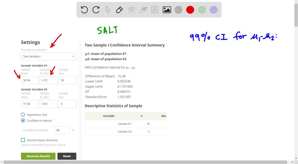 SOLVED: Calculate the 95% confidence interval for the difference (mu1 ...