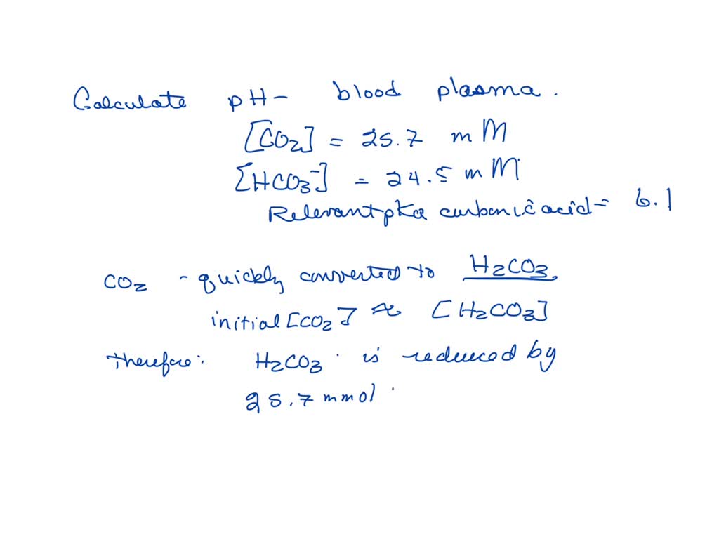 SOLVED: calculate the pH of a blood plasma sample with a total CO2 concentration of 25.7mM and ...