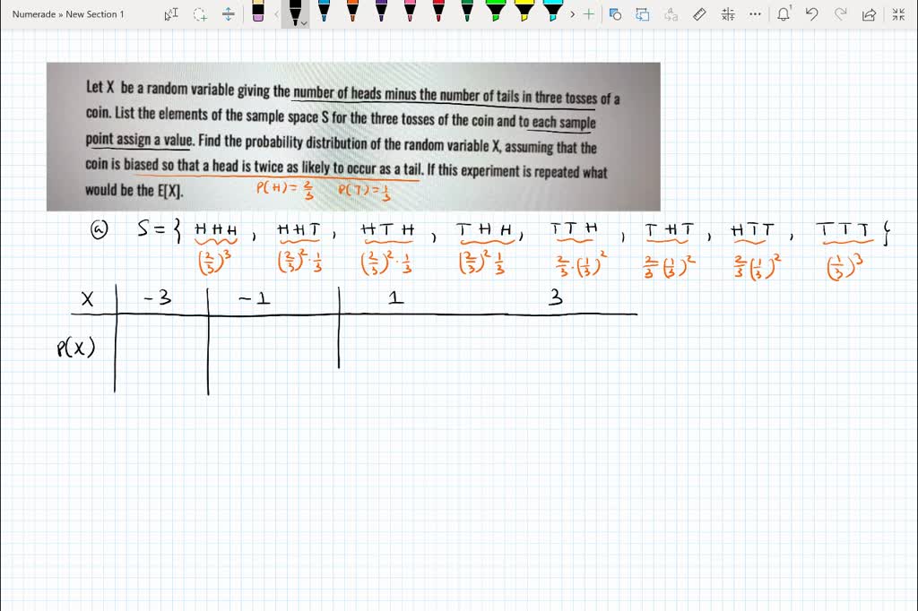 SOLVED: Let X be random variable giving the number of heads minus the number of tails in three ...
