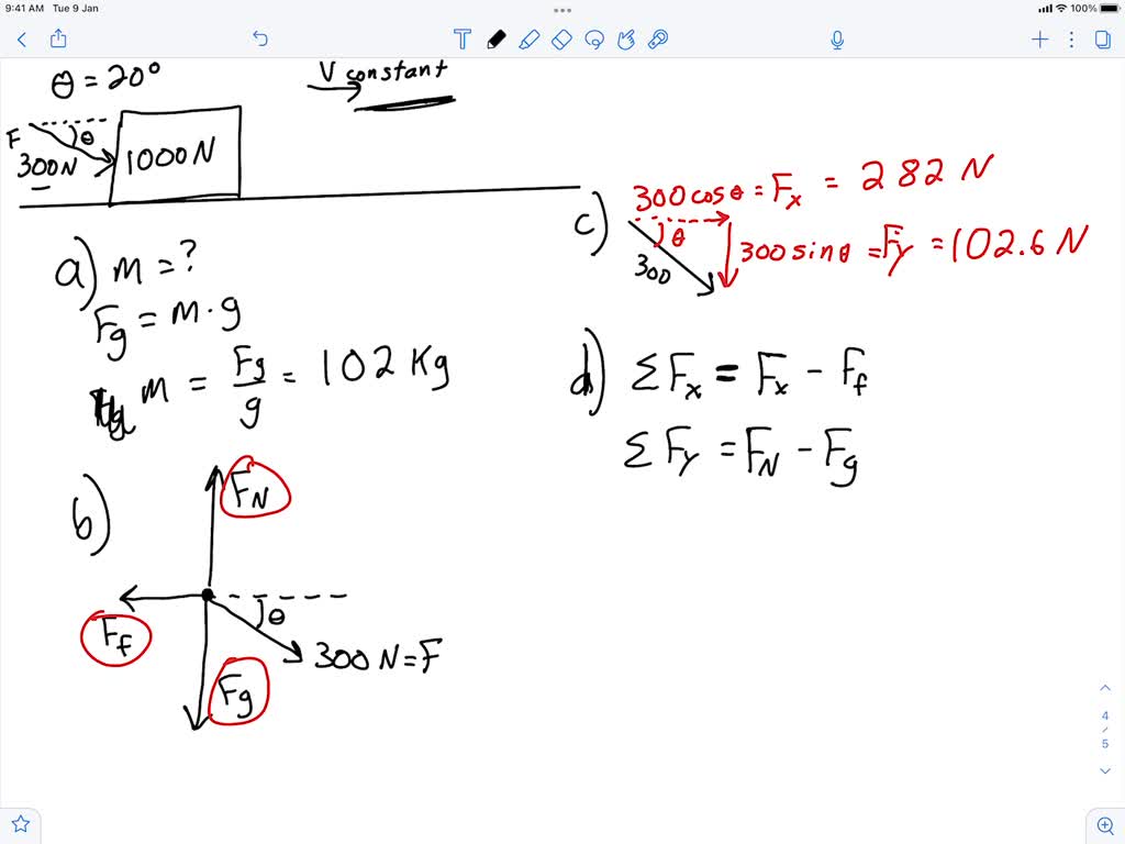 SOLVED: A 1.00 x 10^3 N crate is being pushed across a level floor at a constant speed by a ...