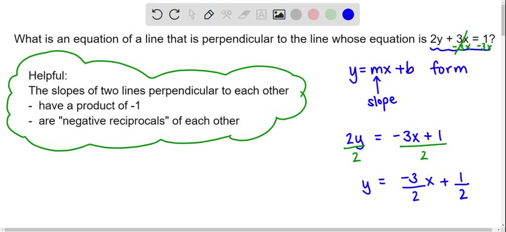 SOLVED: An equation of a line through (0,2) which is perpendicular to ...