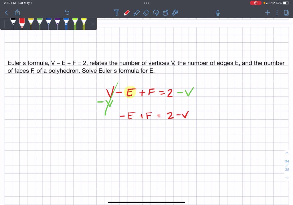 Euler's formula, V - E + F = 2, relates the number of vertices V, the ...