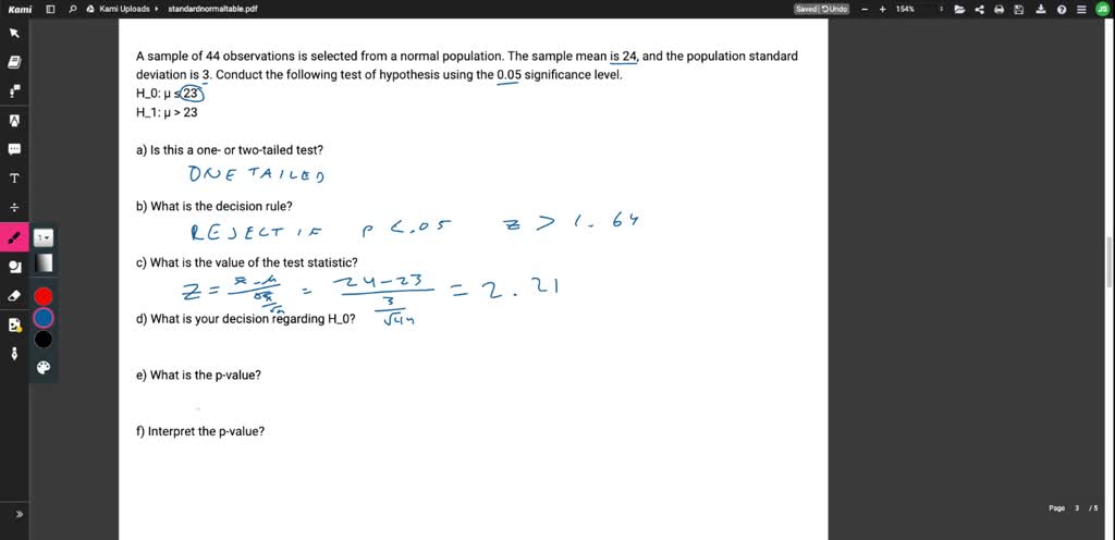 SOLVED: A sample of 44 observations is selected from a normal ...