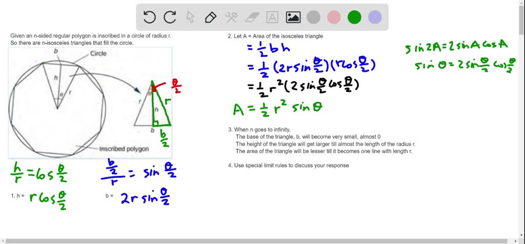 SOLVED: If an n-sided regular polygon is inscribed in a circle of radius r, as shown in the ...