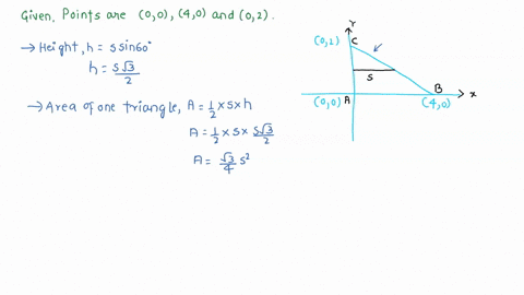 The base of S is the triangular region with vertices (0,0), (1,0), and (0,1) . Cross-sections ...