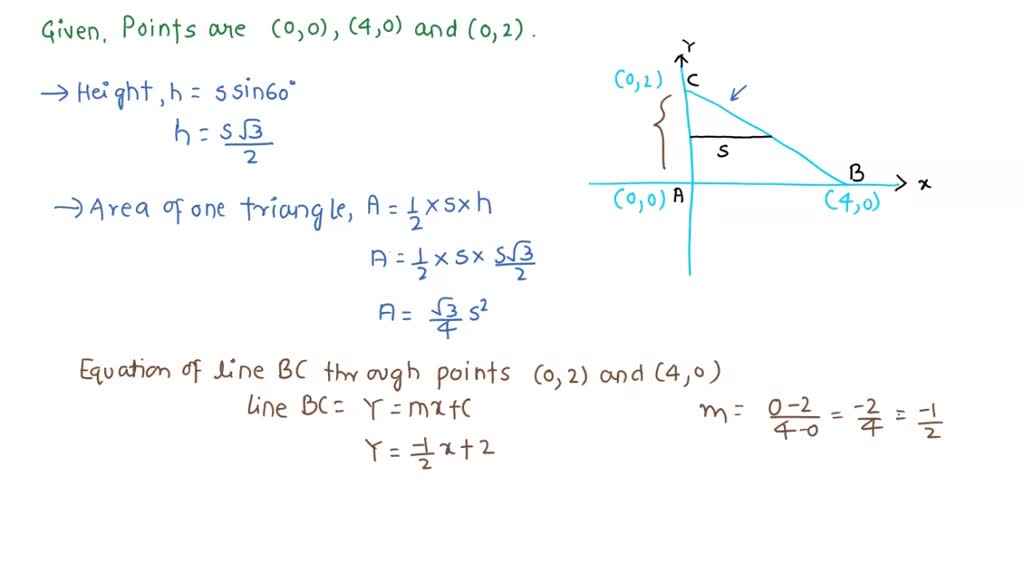 The base of S is the triangular region with vertices (0, 0), (4, 0 ...