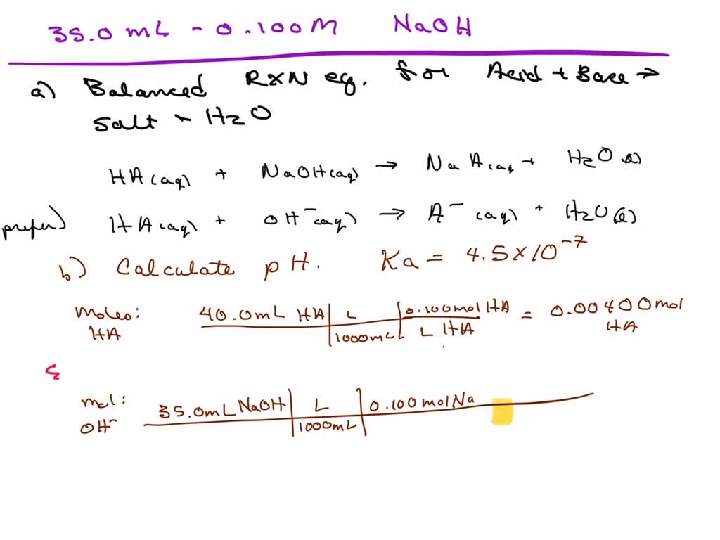 SOLVED: Consider the titration of 40.0 mL of 0.100M weak acid, HA, with ...