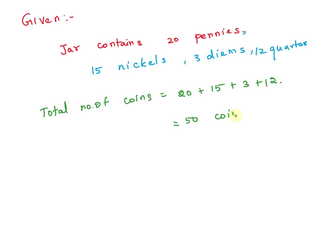 SOLVED: A jar contains 15 pennies, 28 nickels, 12 dimes, and 20 ...