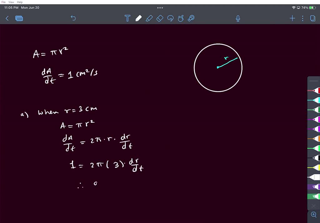 SOLVED: The area of a circle increases at a rate of 1 cm2 / . How fast ...
