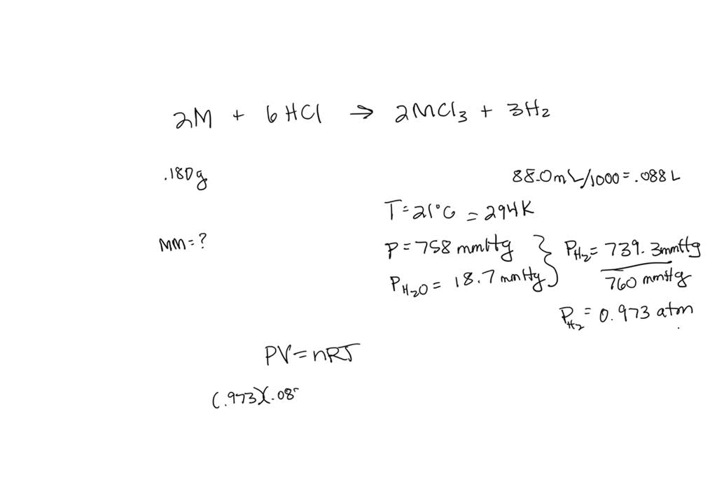 SOLVED: A sample of an unkown metal M having a mass of 0.180 g is reacted completely with HCl(aq ...
