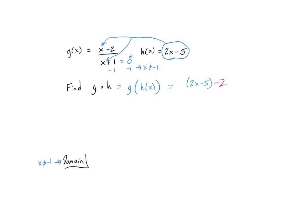 SOLVED: for the real value functions g(x)=x-2/x+1 and h(x)= 2x-5, find the composition g oh and ...