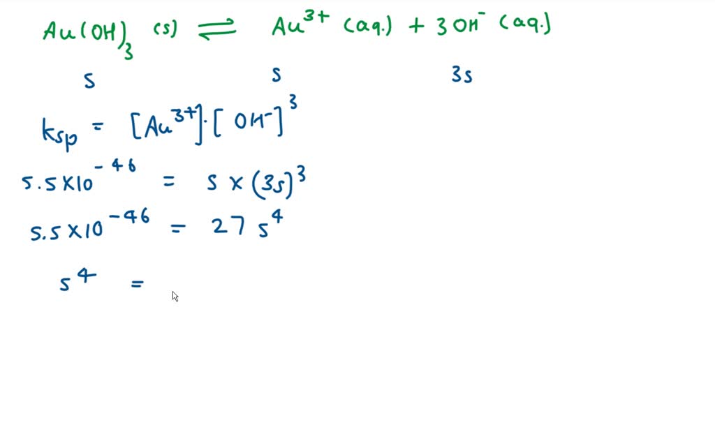 SOLVED: Calculate the solubility of Au(OH)3 in water (Ksp=5.5×10−46)