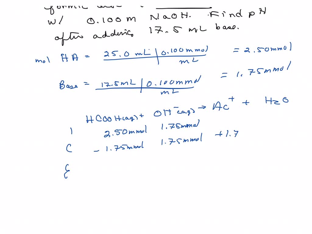 SOLVED: A titration of 0.100 M NaOH is titrated into 25.0 ml of a 0.100 M HCHO2 solution (Ka= 1. ...