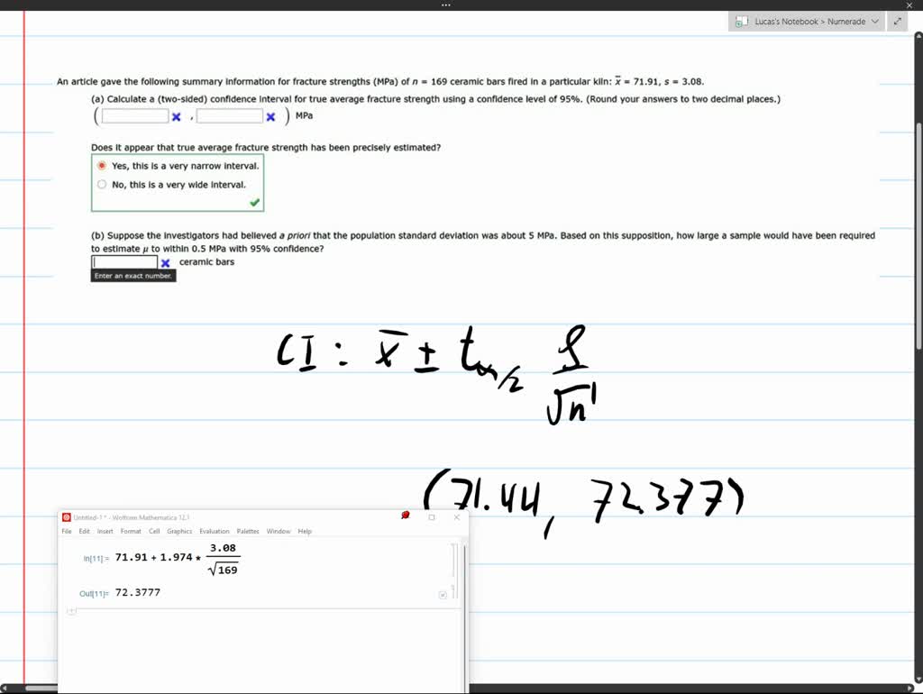 SOLVED: An article gave the following summary information for fracture strengths (MPa) of n ...
