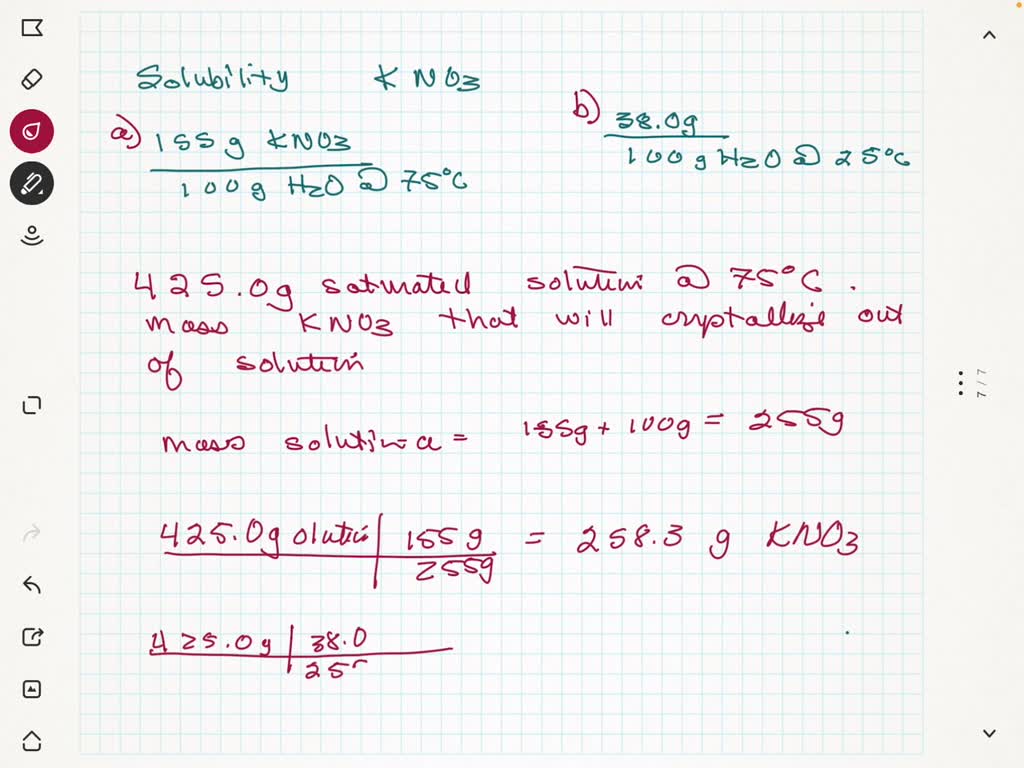 SOLVED: the solubility of KNO3 is 155 g per 100 g of water at 75 C and 38.0 g at 25 C what mass ...