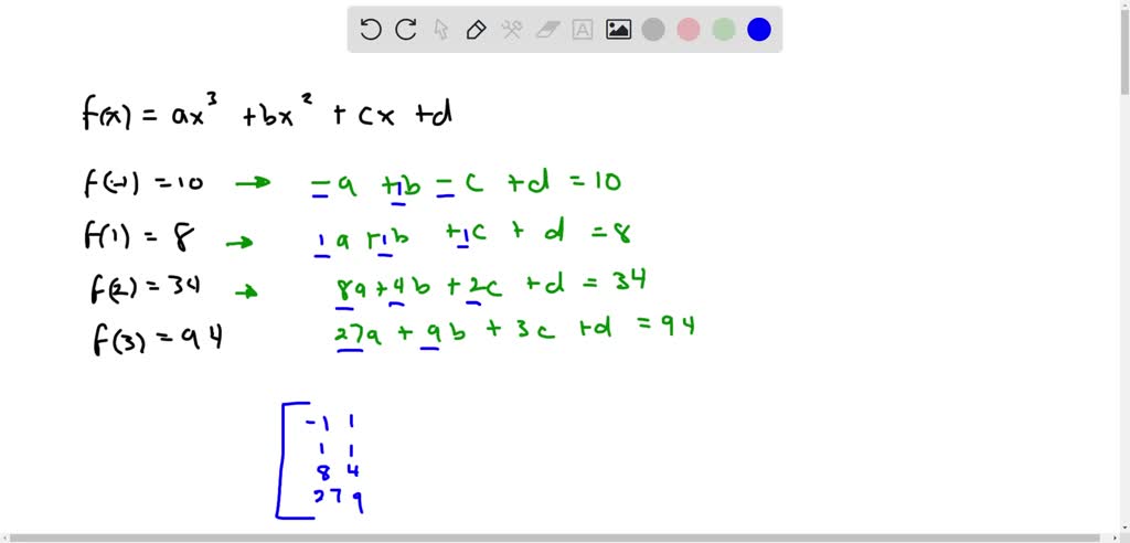 SOLVED: Use a system of equations to find the cubic function f(x) = ax3 + bx2 + cx + d that ...