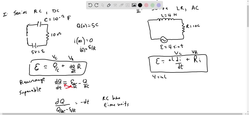An RC circuit has an emf of 5 volts, a resistance of 10 ohms, capacitance of 10-2 farad. and ...