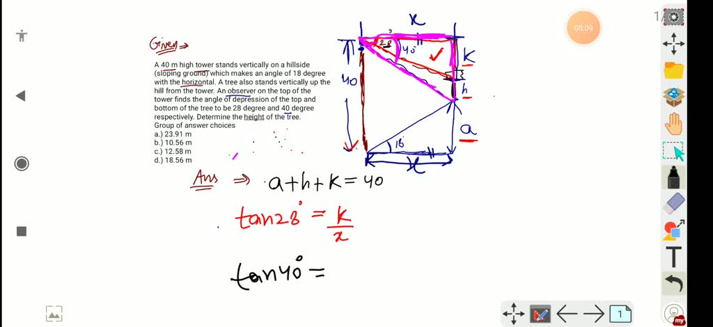 SOLVED: A 40 m high tower stands vertically on a hillside (sloping ...
