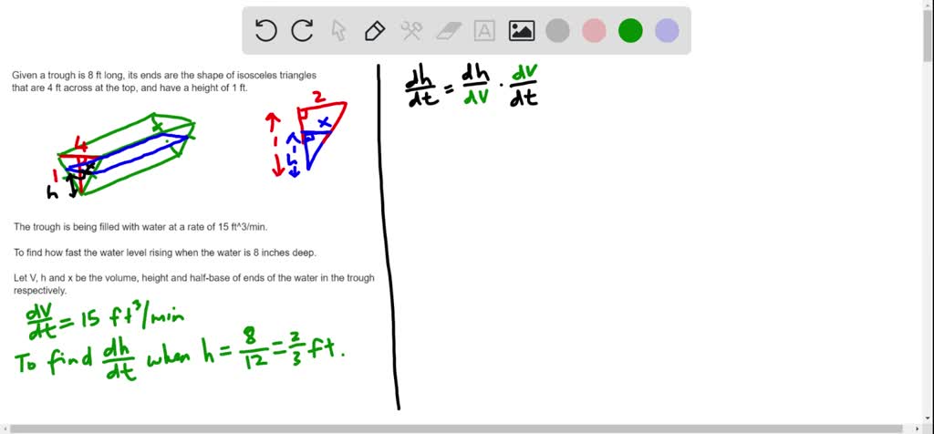 SOLVED: A trough is 8 ft long and its ends have the shape of isosceles ...
