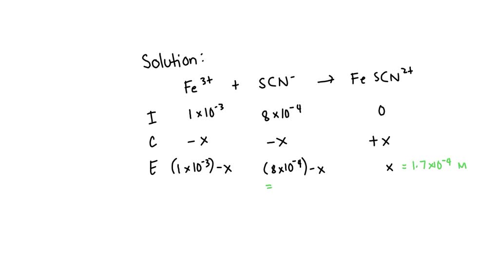 SOLVED: Consider the reaction: A solution is made containing an initial [Fe3+] of 1.0 * 10-3 M ...