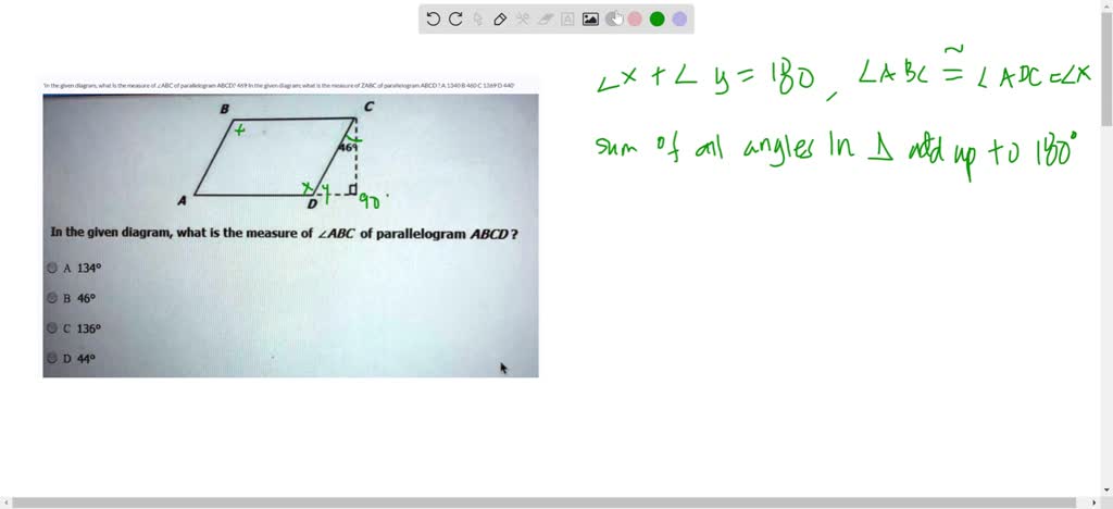 SOLVED: '#aco Given the following diagram, find the measures of the four angles in parallelogram ...