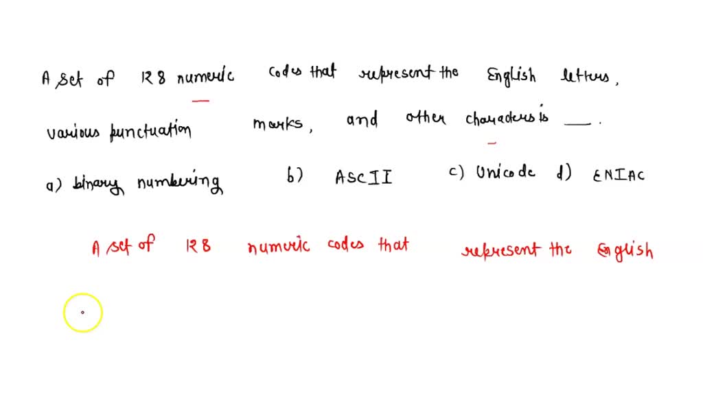 SOLVED: A set of 128 numeric codes that represent the English letters ...