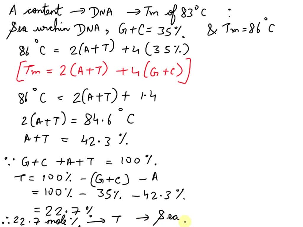 SOLVED: Sample of DNA has 35 mole percent of G+C (sea urchin), and has Tm of 86Â°C. Sample ...