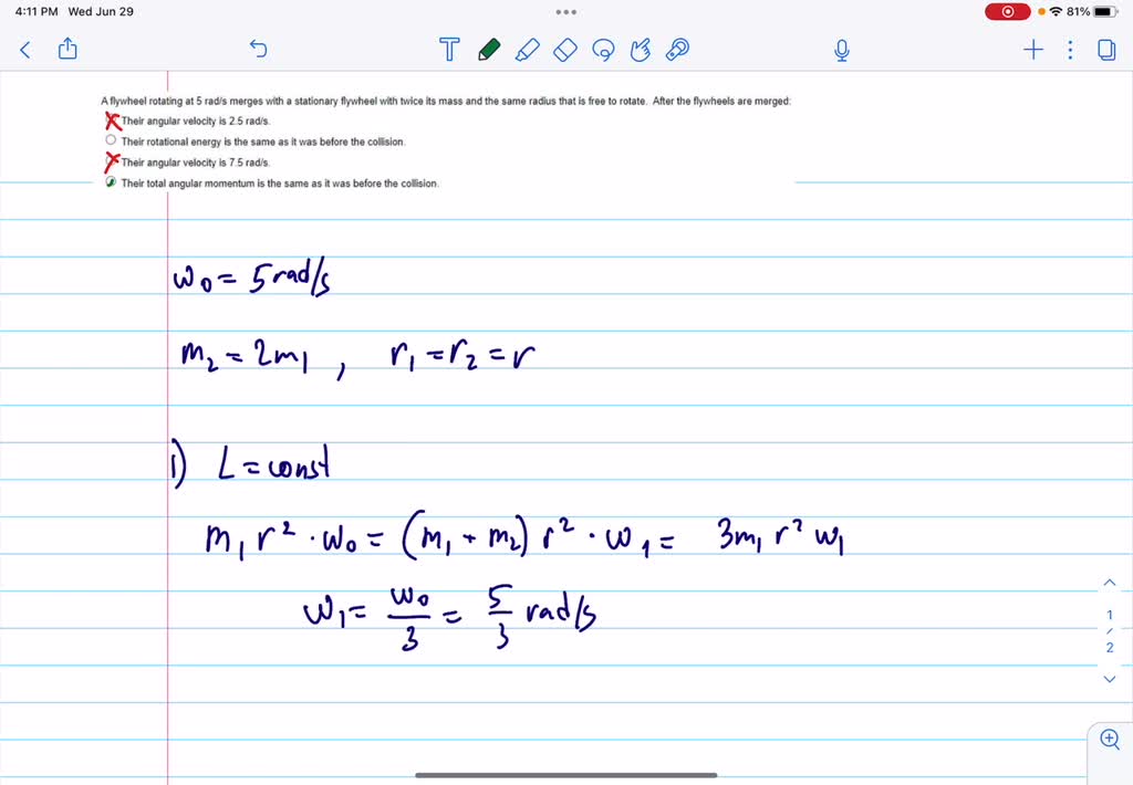 SOLVED: A flywheel rotating at 5 rad/s merges with a stationary ...