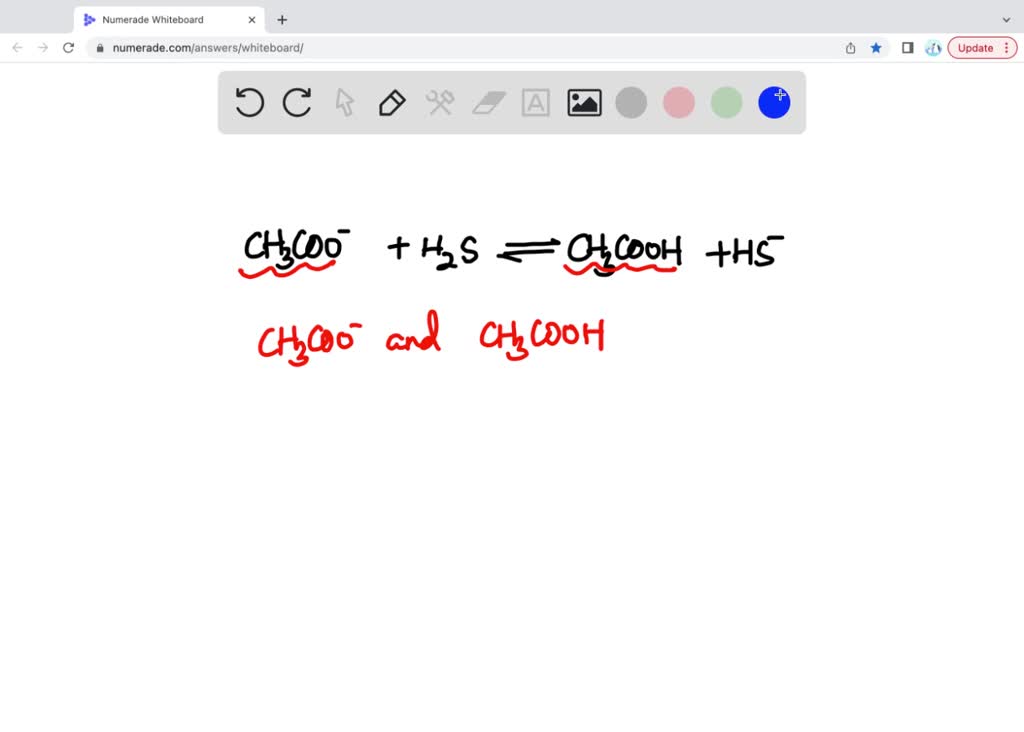 SOLVED: Consider the following reaction in aqueous solution: CH3COO- + H2S ⇌ CH3COOH + HS- Which ...