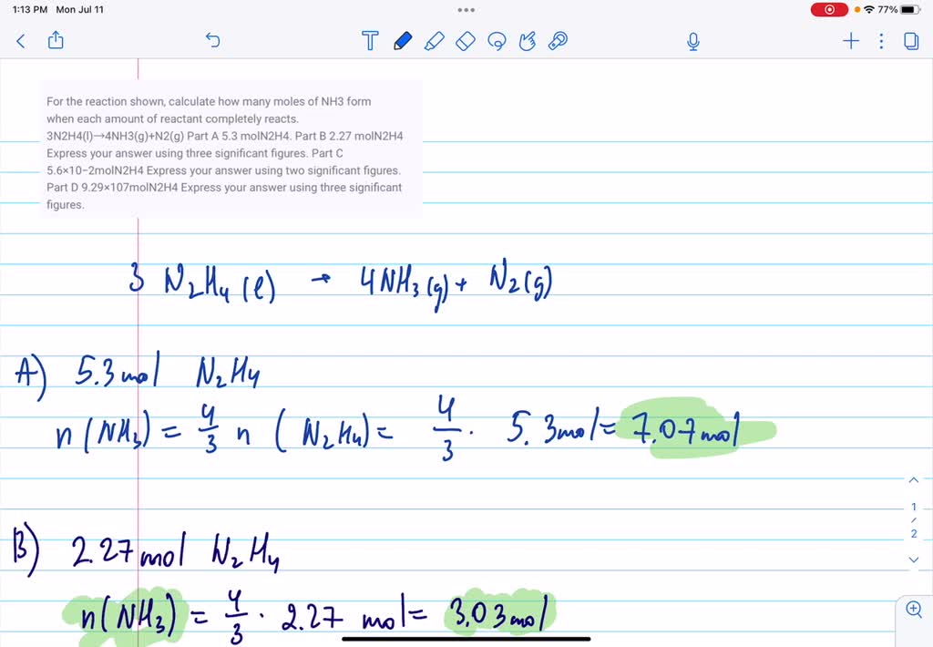 SOLVED: For the reaction shown, calculate how many moles of NH3 form when each amount of ...