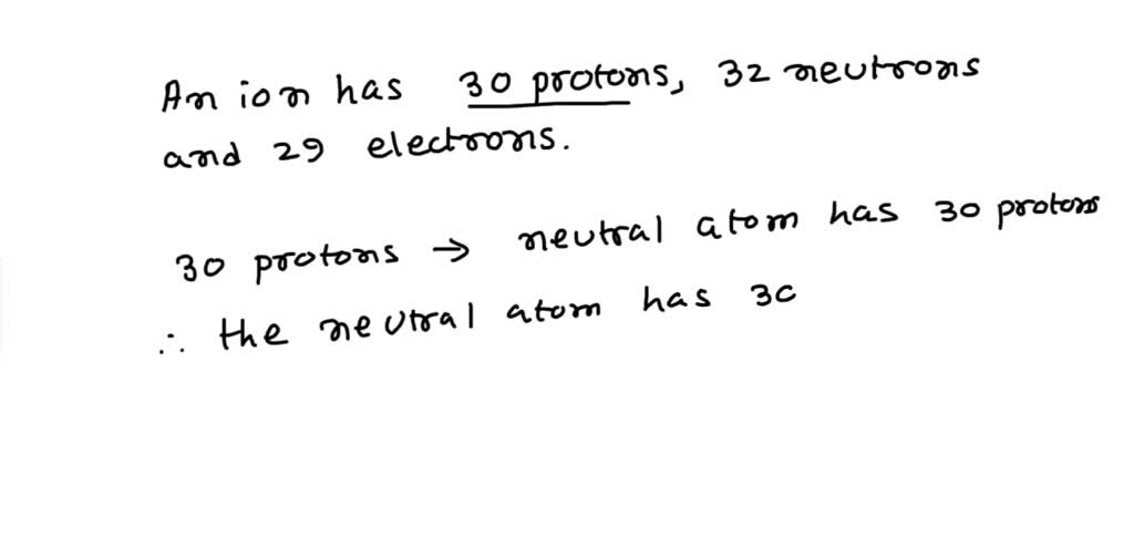 SOLVED: An ion of an element has 30 protons 32 neutrons and 29 ...
