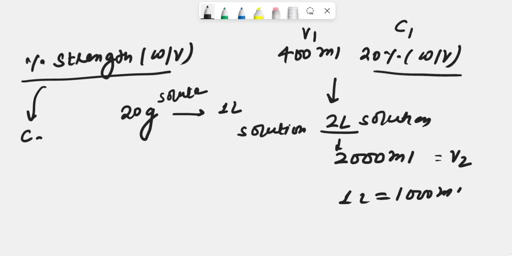 SOLVED: If 400 mL of a 20% w/v solution were diluted to 2 L, what would be the final percentage ...