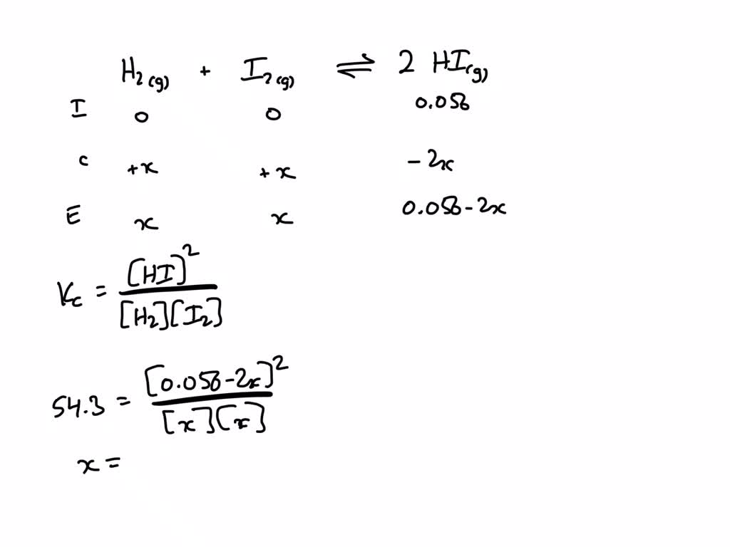 SOLVED: Consider the following reaction, where Kc = 54.3. H2(g) + I2(g) 2 HI(g) Starting with a ...
