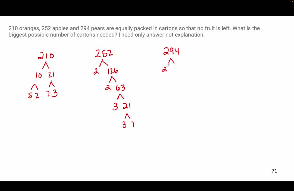 210 oranges, 252 apples and 294 pears are equally packed in cartons so ...