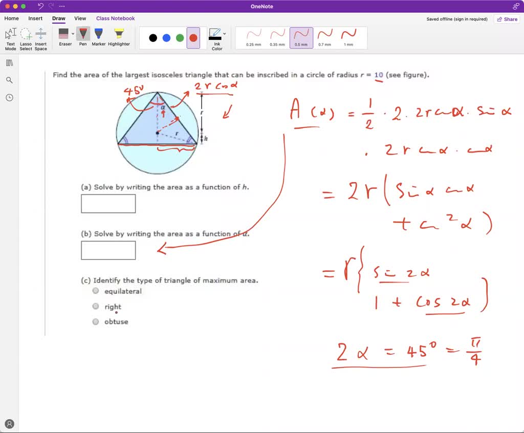 SOLVED: Find the area of the largest isosceles triangle that can inscribe a circle of radius 10 ...