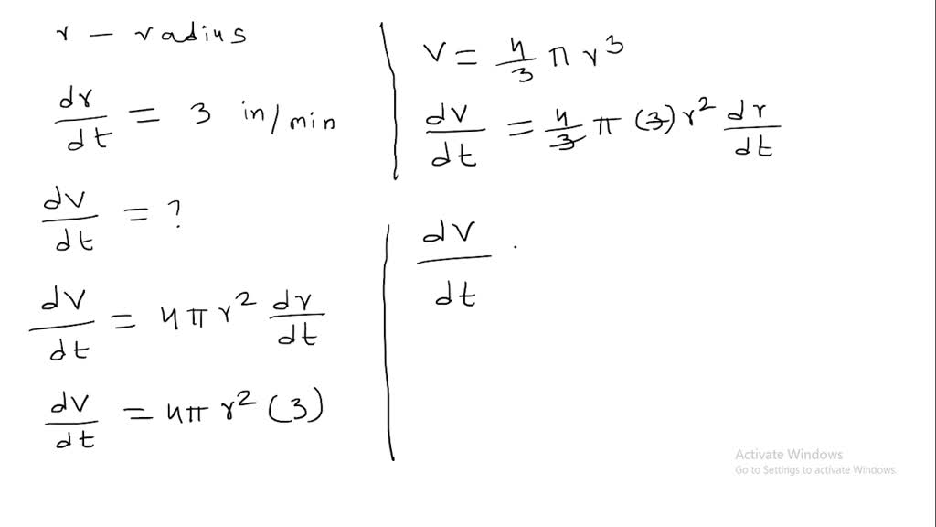 SOLVED: The radius r of a sphere is increasing at a rate of 3 inches ...